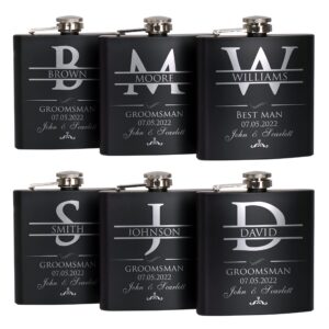 groomsmen gifts set of 6, personalized groomsmen flask set w optional gift box - wedding favor, engraved 6oz stainless steel flask, custom flask gift set, black #2