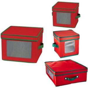 household essentials holiday china storage box bundle | dinnerware and coffee cup cases | red with green trim