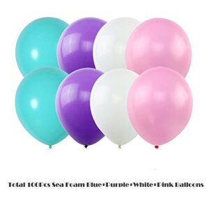 K KUMEED 100PCS White Purple Pink Blue Assorted Latex Balloons for Mermaid Wedding Baby Shower Birthday Party Decorations, 2 Rolls of Ribbon