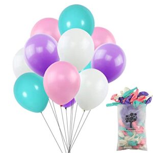 K KUMEED 100PCS White Purple Pink Blue Assorted Latex Balloons for Mermaid Wedding Baby Shower Birthday Party Decorations, 2 Rolls of Ribbon