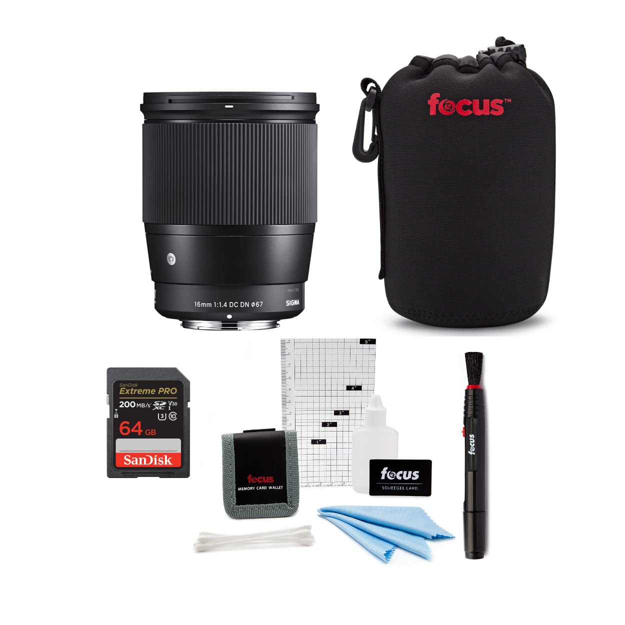 Sigma 16mm f/1.4 DC DN Contemporary Lens for Sony with 64GB Extreme PRO SD Card and Accessory Bundle