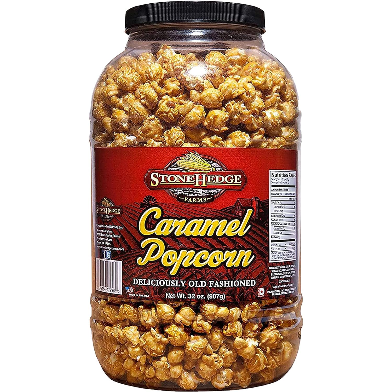 Stonehedge Farms Caramel Flavored Popcorn - 32 oz Large Tub - Bulk Gourmet Deliciously Old Fashioned Popped Sweet Snacks - Made in the USA