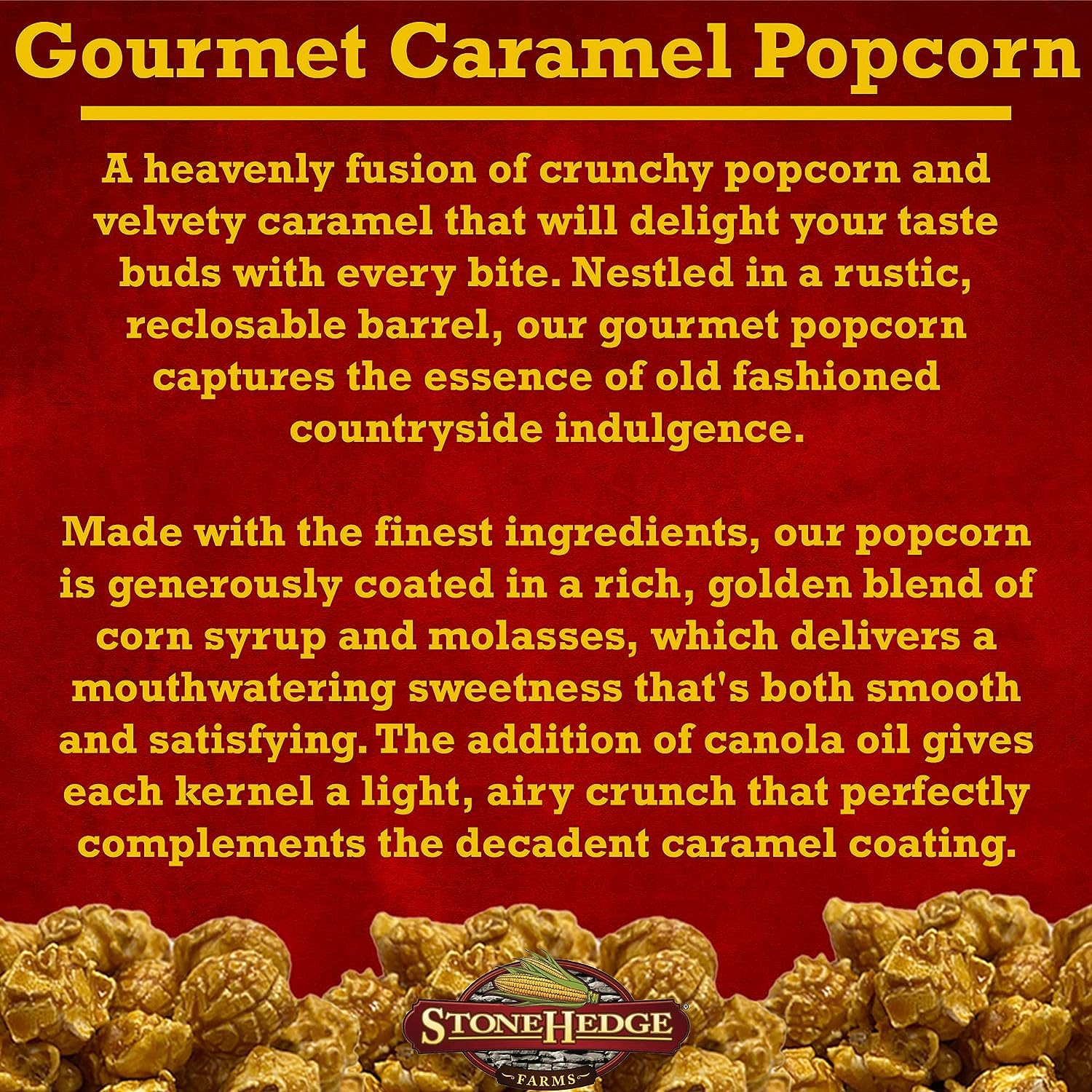 Stonehedge Farms Caramel Flavored Popcorn - 32 oz Large Tub - Bulk Gourmet Deliciously Old Fashioned Popped Sweet Snacks - Made in the USA