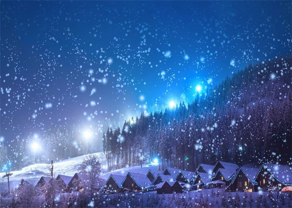 Leowefowa 7X5FT Christmas Backdrop Rustic Village Night View Forest Trees Snowing Shining Lights Blue Sky Winter Xmas Vinyl Photography Background Kids Children Adults Photo Studio Props