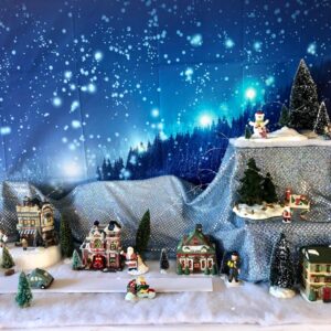 Leowefowa 7X5FT Christmas Backdrop Rustic Village Night View Forest Trees Snowing Shining Lights Blue Sky Winter Xmas Vinyl Photography Background Kids Children Adults Photo Studio Props