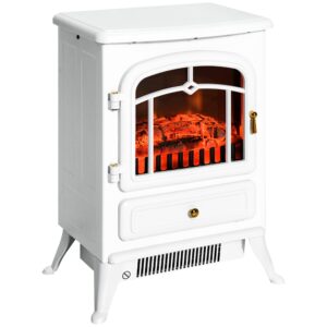 homcom 22" electric fireplace heater, freestanding fire place stove with realistic led flames and logs, and overheating protection, 750w/1500w, white