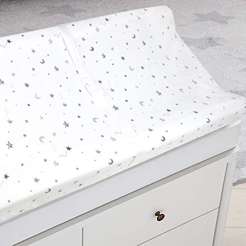 TL Care Printed 100% Cotton Knit Fitted Contoured Changing Table Pad Cover/Sheet - Compatible with Mika Micky Bassinet, Gray Stars and Moons, for Boys and Girls