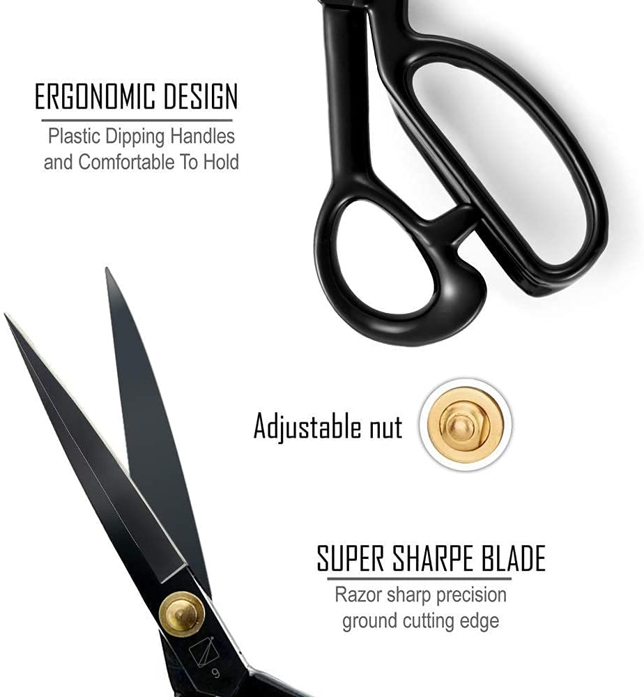 Sewing Scissors, 9 Inch Fabric Dressmaking Scissors Heavy Duty Shears Sharp Cutting for Crafting, Leather, Dressmaking, Tailoring, Altering(9 Inch Black, Right-Handed)