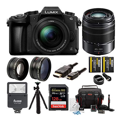 Panasonic LUMIX G85 4K Mirrorless Camera with G Vario 12-60mm and 45-150mm Lens, 128GB SD Card, Camera Bag, Battery and Dual Charger, 58mm Lens Set, Digital Flash, Tripod and Cable Bundle (9 Items)