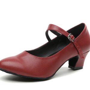 Minishion GL245 Women's Mary Jane Style Burgundy Leather Low Heel Latin Social Prom Dance Pumps US 8