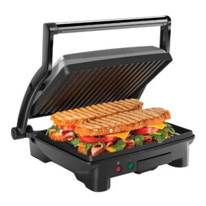 chefman panini press grill and gourmet sandwich maker non-stick coated plates, opens 180 degrees to fit any type or size of food, stainless steel surface and removable drip tray, 4 slice, black