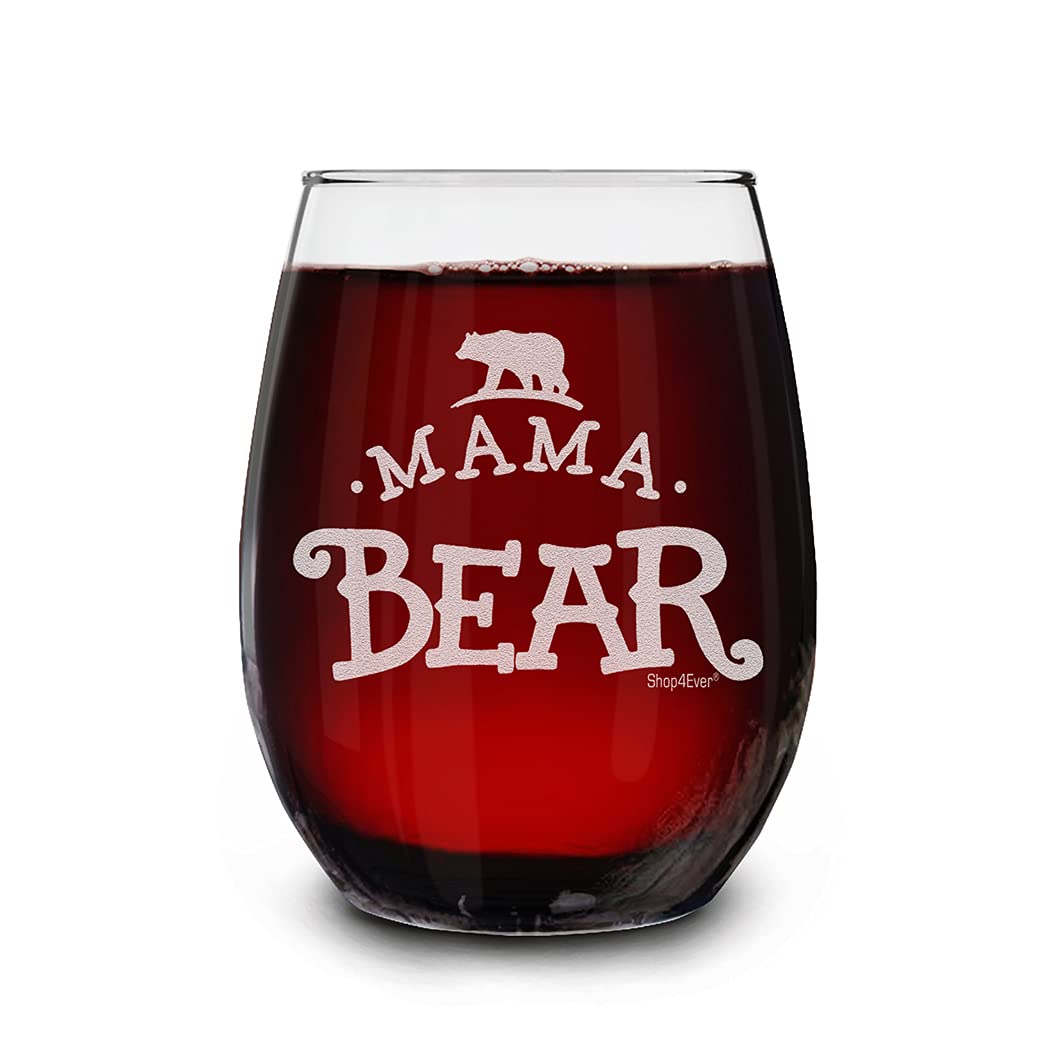 Mama Bear Laser Engraved Stemless Wine Glass 15 oz. Gift for Mom