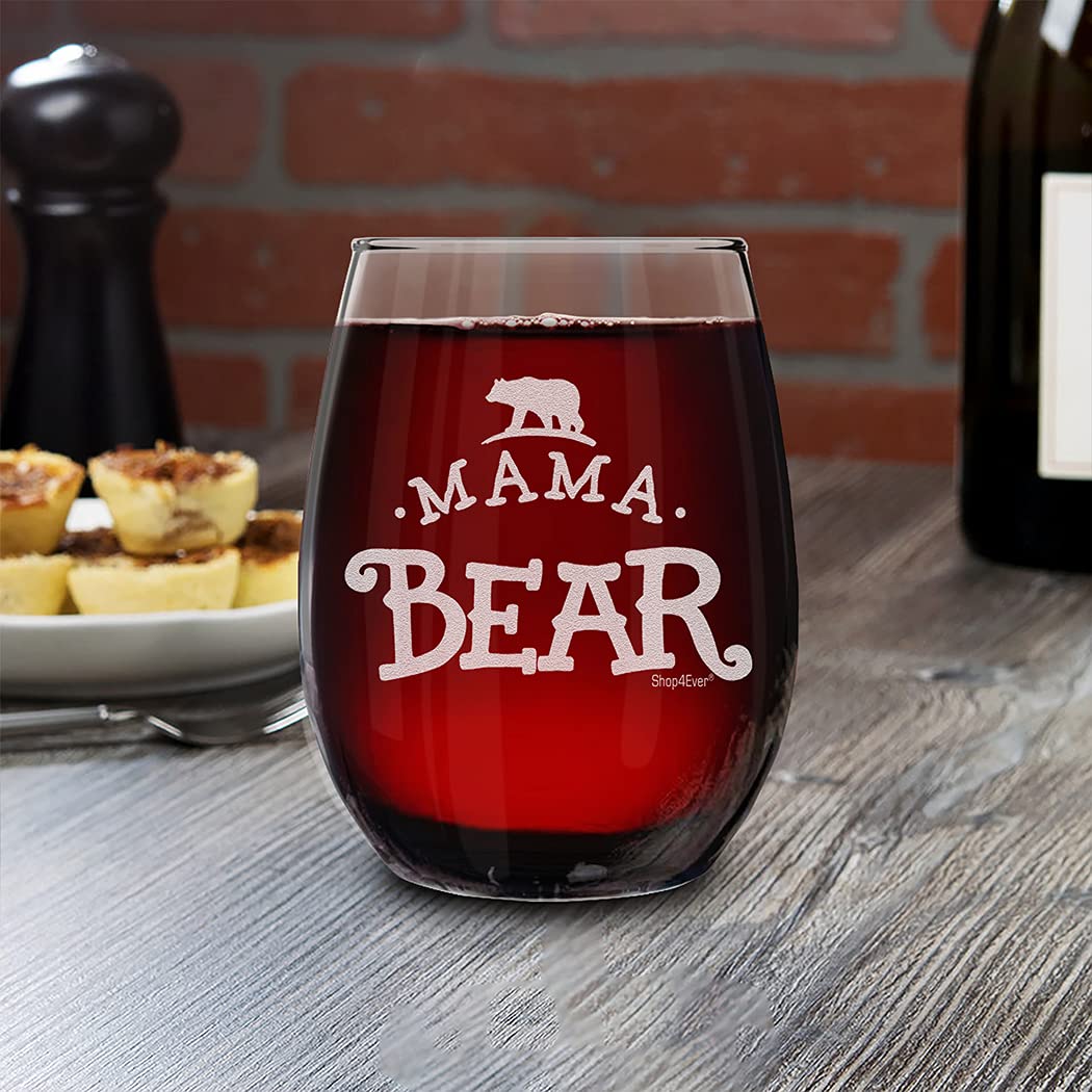 Mama Bear Laser Engraved Stemless Wine Glass 15 oz. Gift for Mom