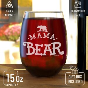 Mama Bear Laser Engraved Stemless Wine Glass 15 oz. Gift for Mom