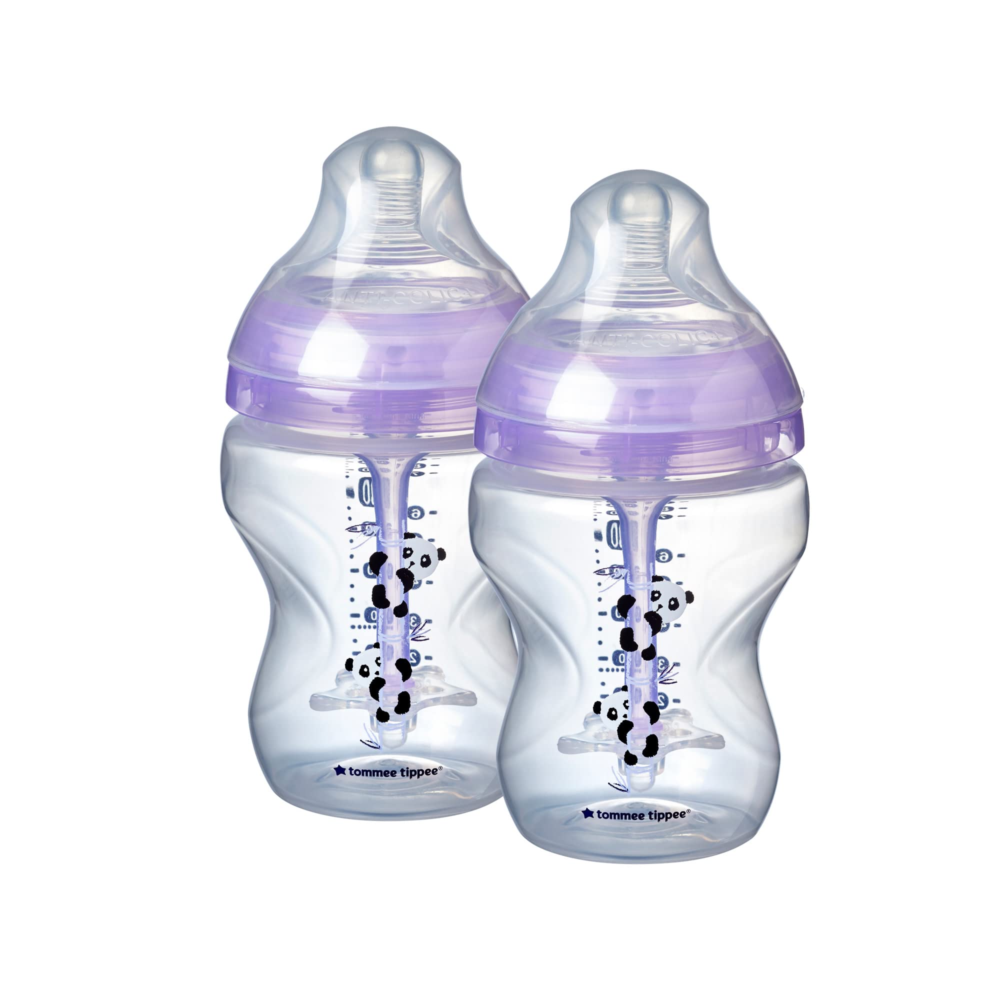 Tommee Tippee Anti-Colic Baby Bottles, Slow Flow Breast-Like Nipple and Unique Anti-Colic Venting System, Purple Pandas (9oz, 2 Count)