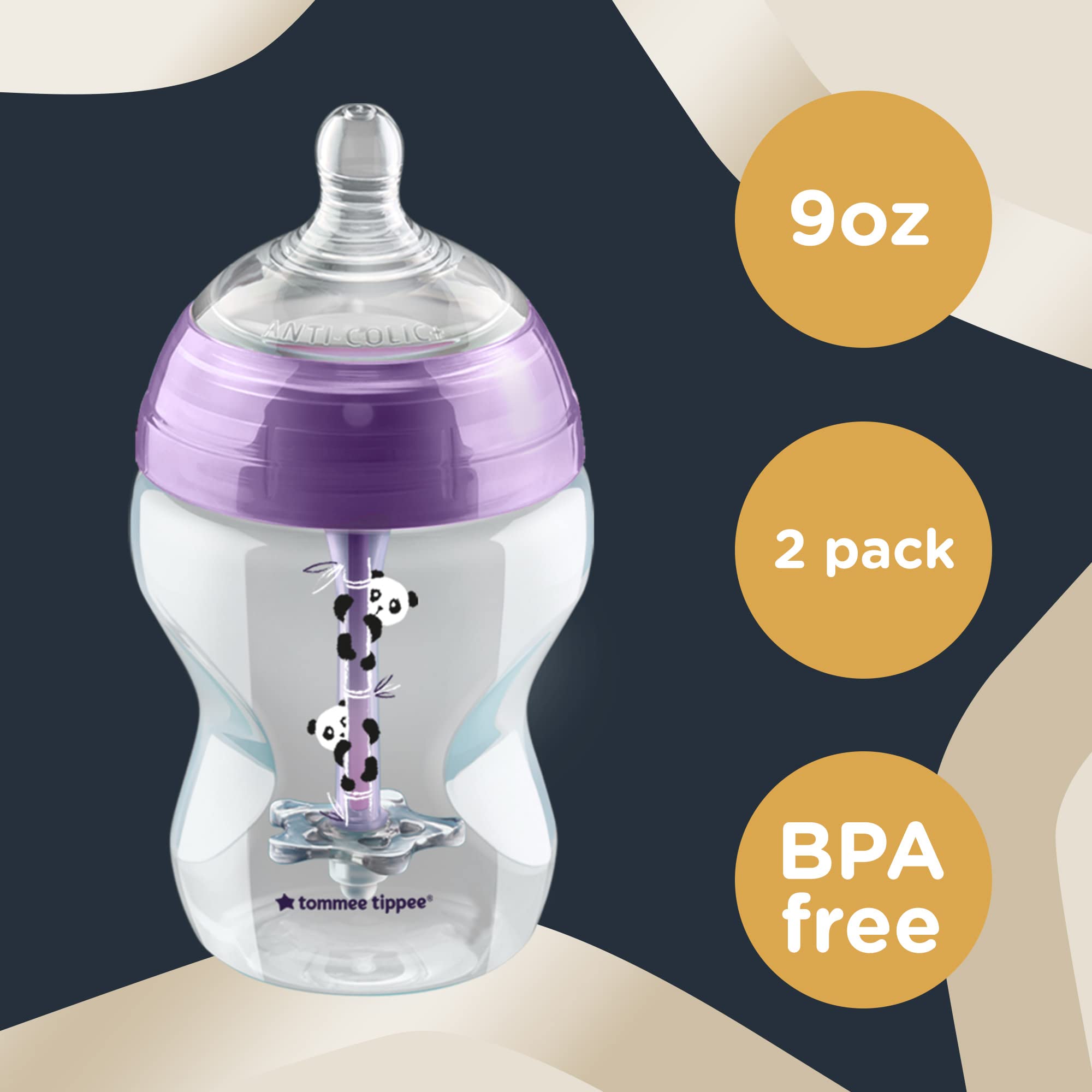 Tommee Tippee Anti-Colic Baby Bottles, Slow Flow Breast-Like Nipple and Unique Anti-Colic Venting System, Purple Pandas (9oz, 2 Count)