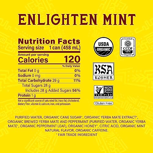 Guayaki Yerba Mate, Clean Energy Drink Alternative, Organic Enlighten Mint, 15.5oz (Pack of 12), 150mg Caffeine