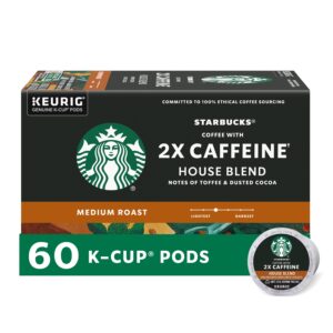 starbucks k-cup coffee pods, medium roast coffee with 2x caffeine house blend for keurig coffee makers, 100% arabica, 6 boxes (60 pods total)