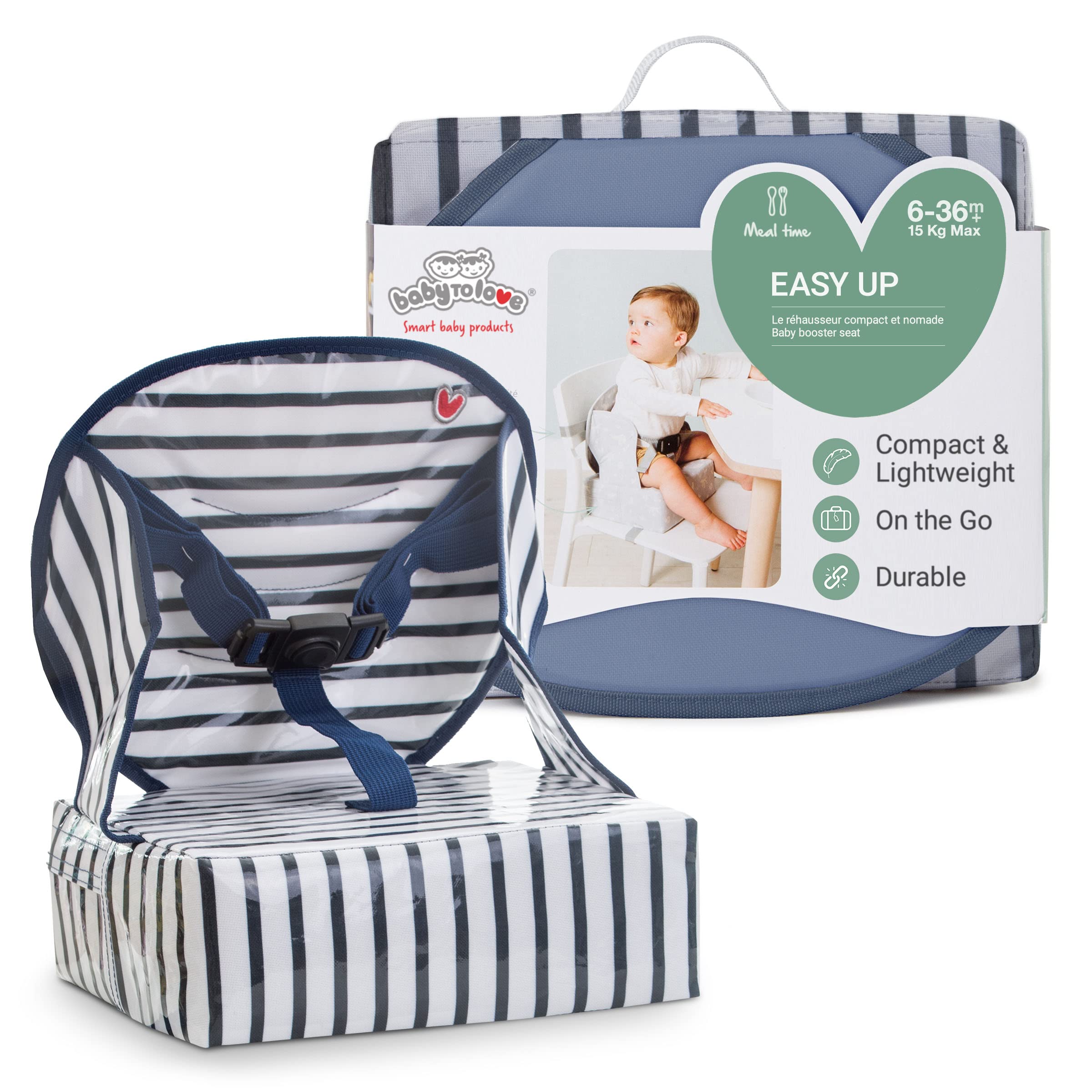 BabyToLove Easy Up Baby Booster Seat | Lightweight On The Go and Easy to Carry | Blue Stripes