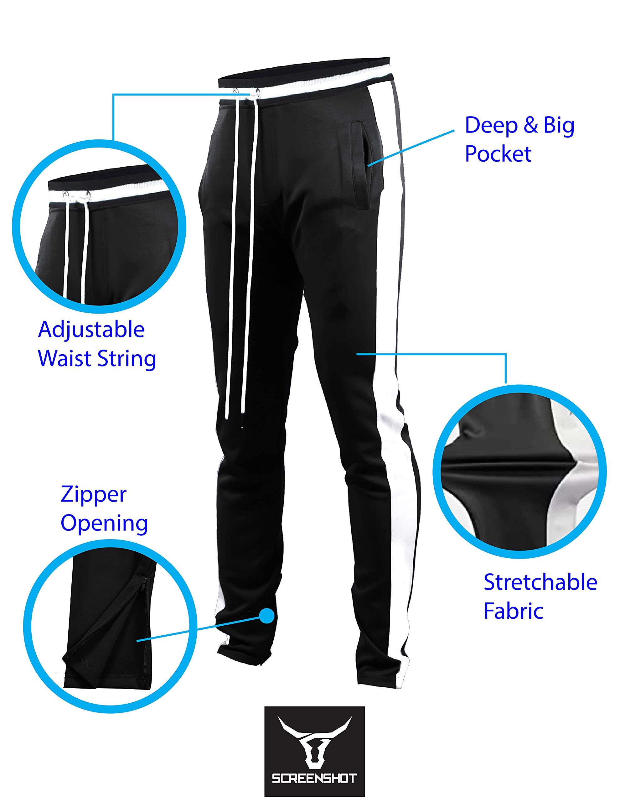 SCREENSHOTBRAND-S41700 Mens Hip Hop Premium Slim Fit Track Pants - Athletic Jogger Bottom with Side Taping-Black-Medium