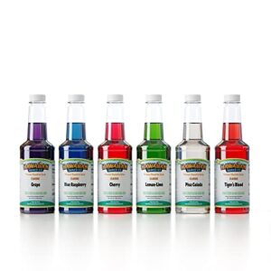 hawaiian shaved ice syrup assortment, 6 popular 16oz flavors: cherry, grape, blue raspberry, tiger's blood, lemon-lime, pina colada