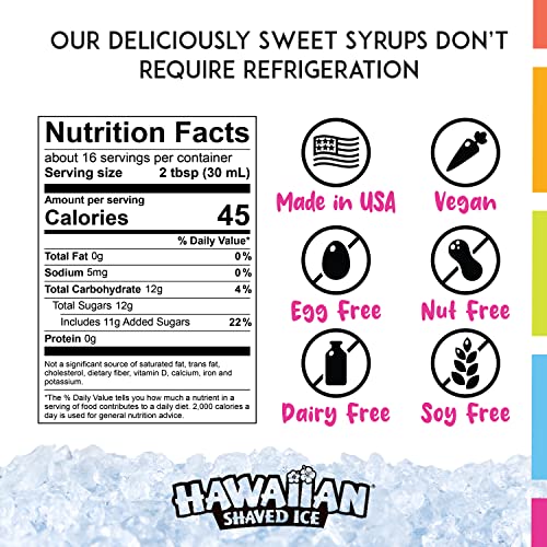 Hawaiian Shaved Ice Syrup Assortment, 6 Popular 16oz Flavors: Cherry, Grape, Blue Raspberry, Tiger's Blood, Lemon-Lime, Pina Colada