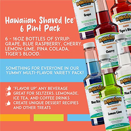 Hawaiian Shaved Ice Syrup Assortment, 6 Popular 16oz Flavors: Cherry, Grape, Blue Raspberry, Tiger's Blood, Lemon-Lime, Pina Colada