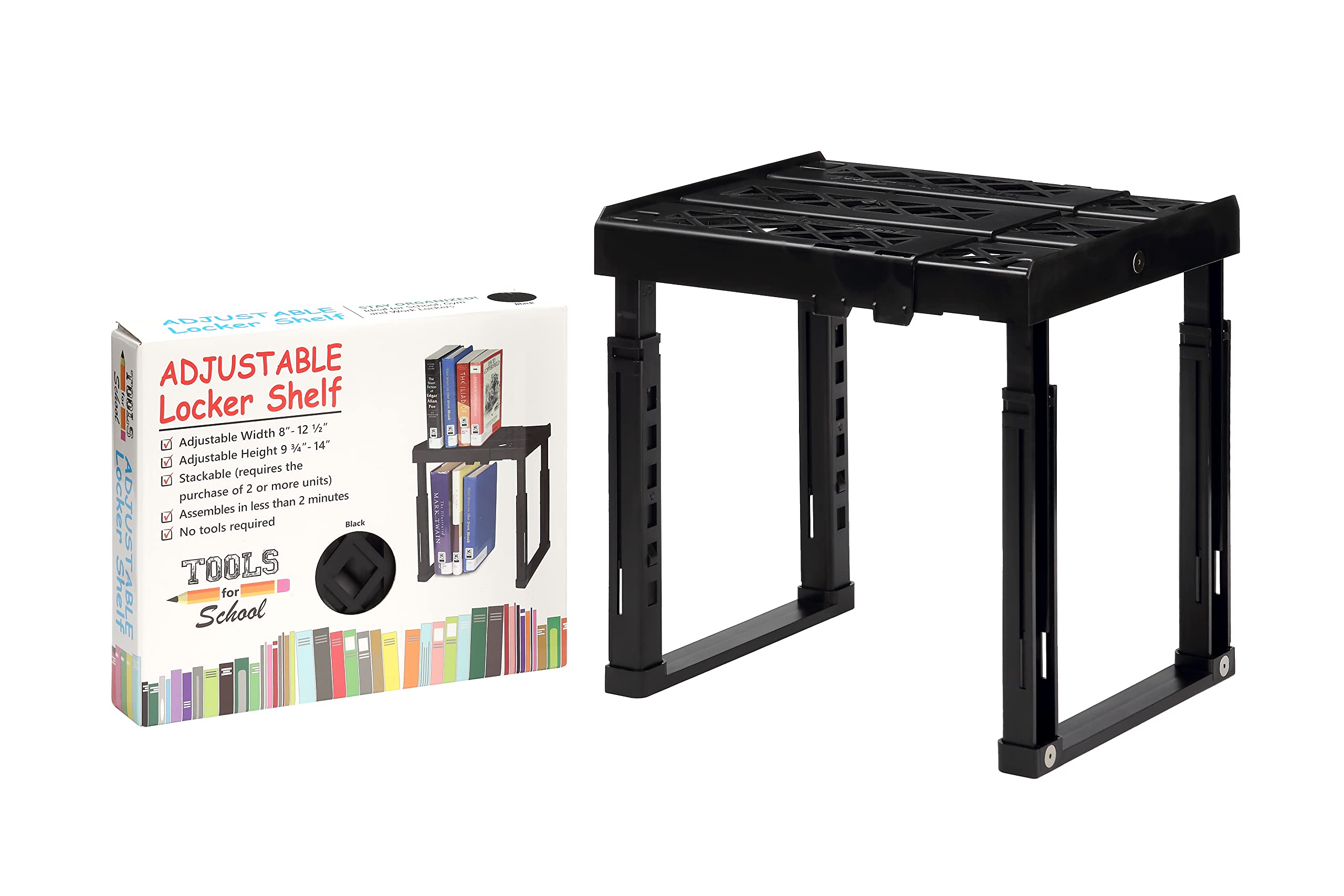 Tools for School Adjustable Locker Shelf Strong ABS Plastic - Width Adjusts from 8"-12.5" & Height Adjusts from 10"-14" - Patented Design - Beware of Cheap IMITATIONS - (Black)