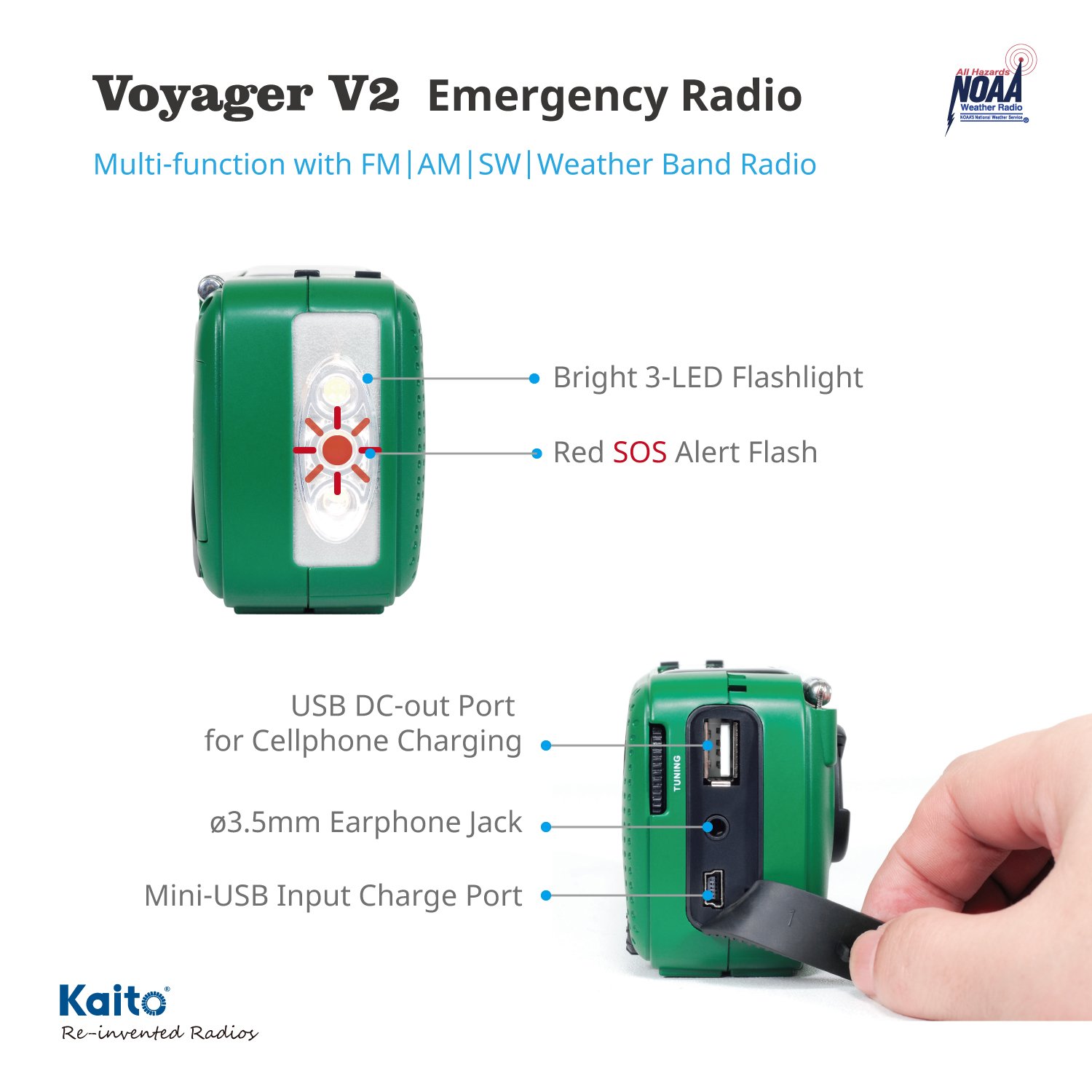 Best NOAA Portable Solar/Hand Crank AM/FM, Shortwave & NOAA Weather Emergency Radio with USB Cell Phone Charger & LED Flashlight (Green)