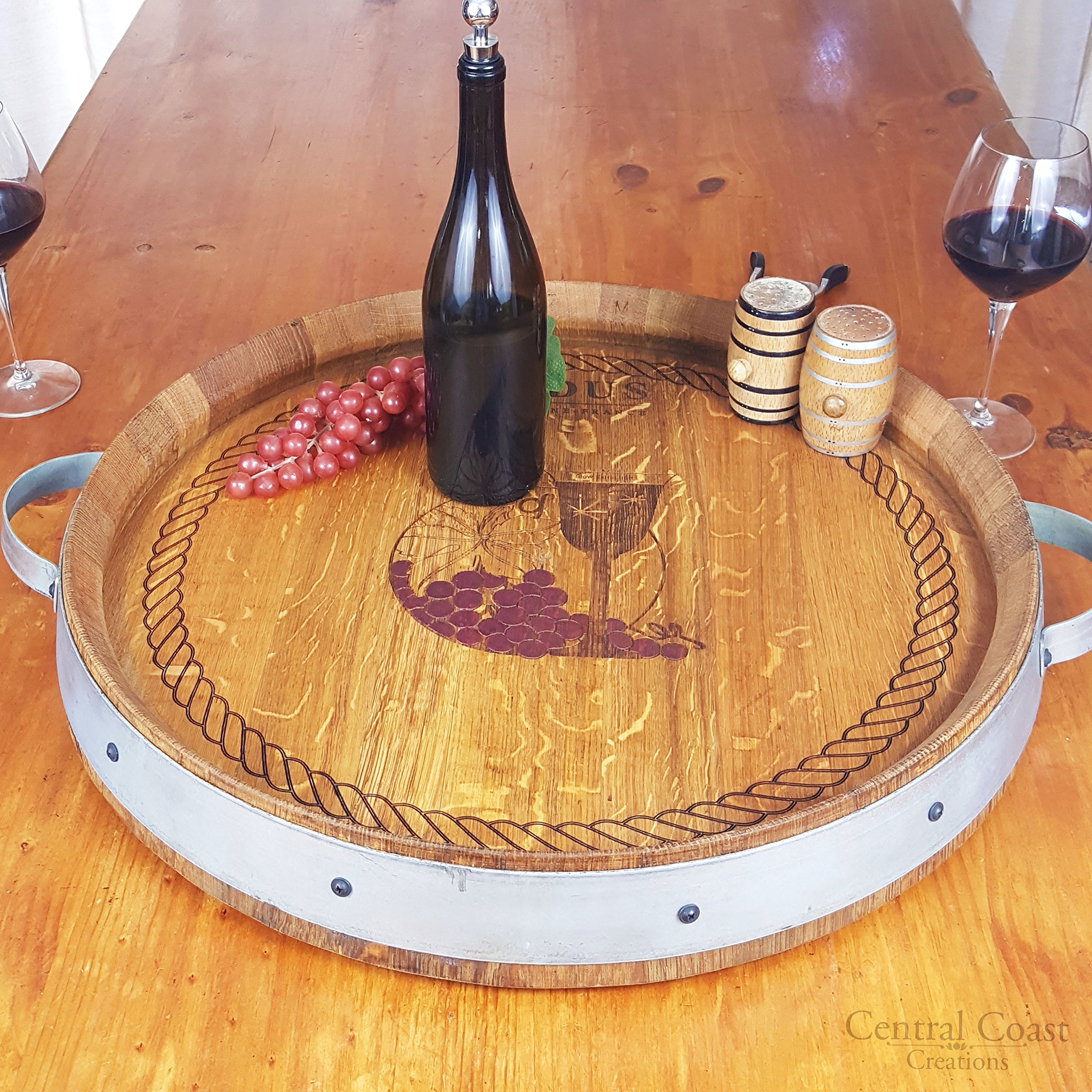 Barrel Top Wine Glass Engraved Lazy Susan - Wine Barrel Handcrafted - Central Coast Creations - Wine Barrel Furniture