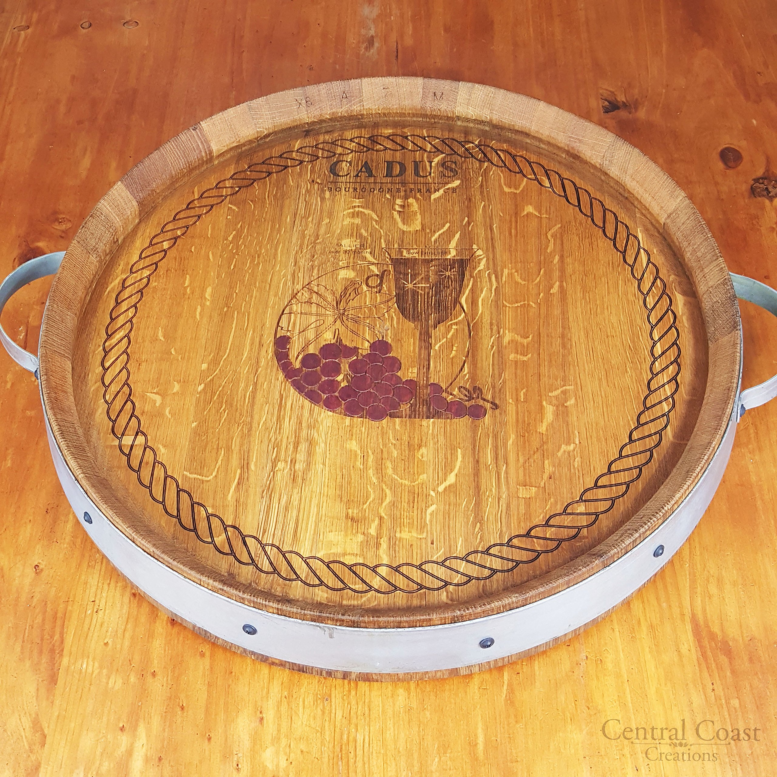 Barrel Top Wine Glass Engraved Lazy Susan - Wine Barrel Handcrafted - Central Coast Creations - Wine Barrel Furniture