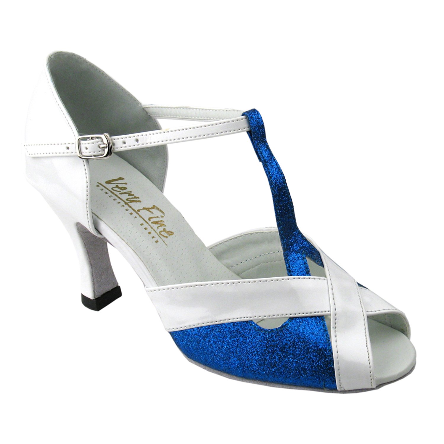 50 Shades Blue Ballroom Latin Dance Shoes for Women: 2703 Blue Stardust & White Patent 2.5' Heel, Size 11 1/2 (Special Order)