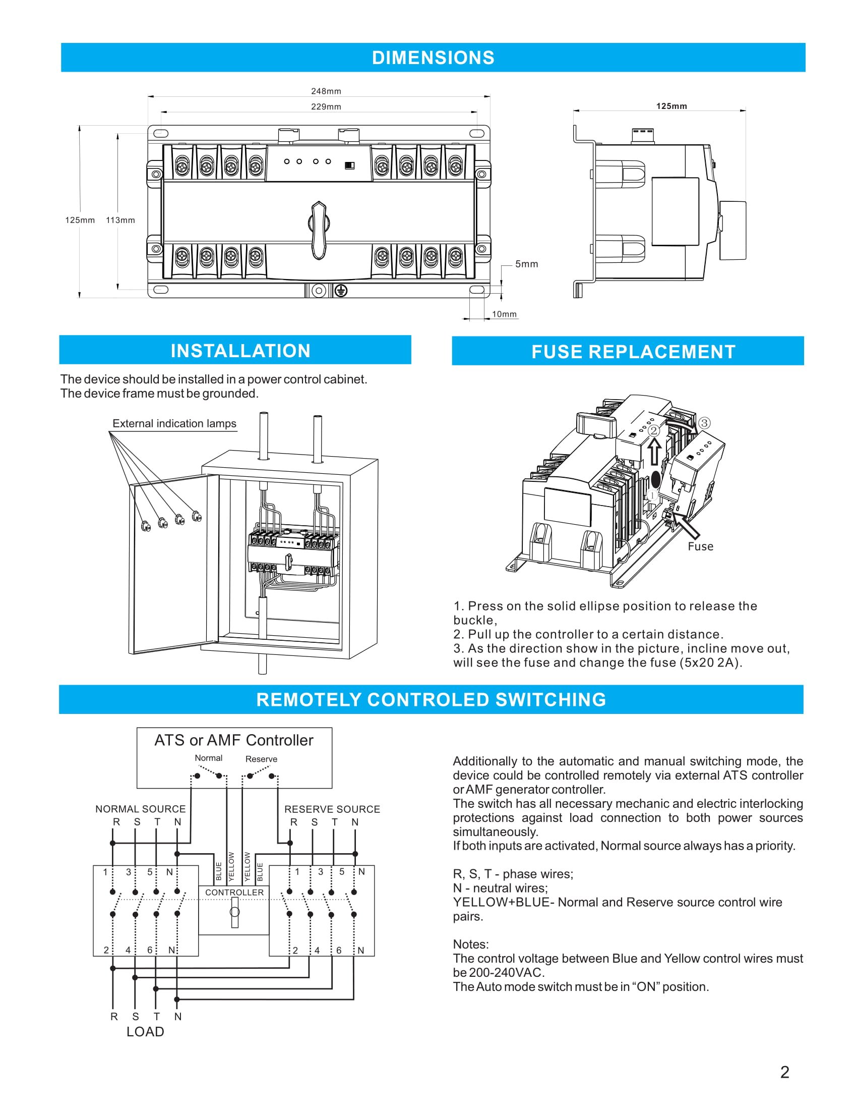 4PRO ATS-63A-4P Automatic Changeover Transfer Switch, 4 Pole, 63A, 120/208V, 50/60Hz, 2-3 Phase