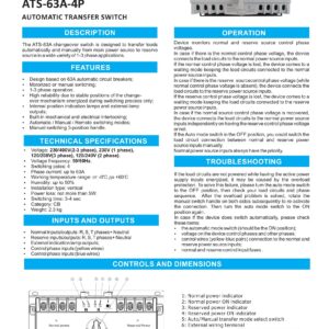 4PRO ATS-63A-4P Automatic Changeover Transfer Switch, 4 Pole, 63A, 120/208V, 50/60Hz, 2-3 Phase