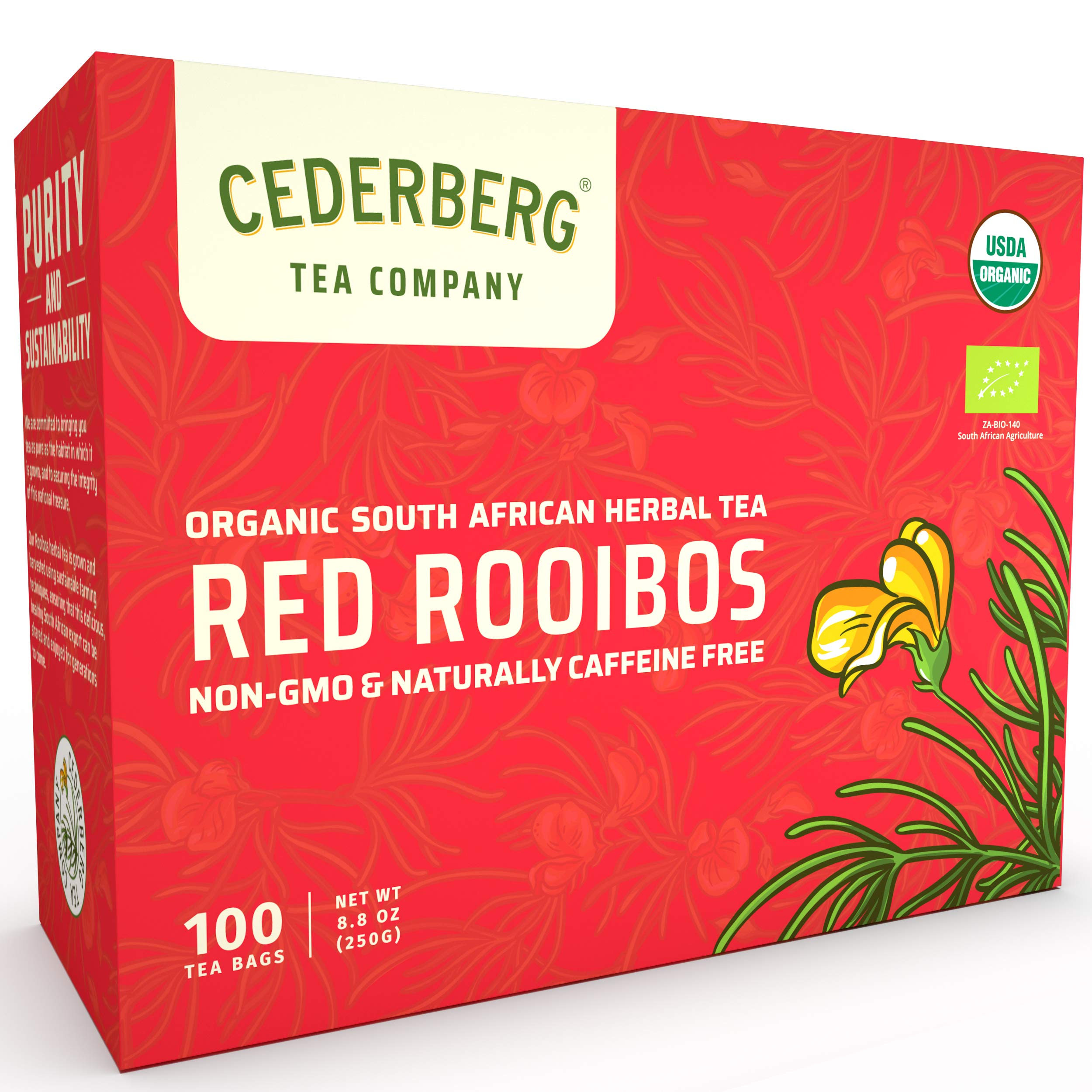 Red Rooibos Tea 100 Teabags USDA Organic - Naturally Caffeine Free - Cederberg Tea Company