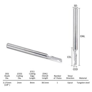 HQMaster CNC Router Bits, 10 Pack 1/8” Shank Spiral Upcut Router Bit 1 Flute End Mill Set Milling Cutter 2mm Cutting Single Flute Tungsten Steel Engraving Tool 8mm CEL, 38.5mm OAL for MDF Acrylic PVC