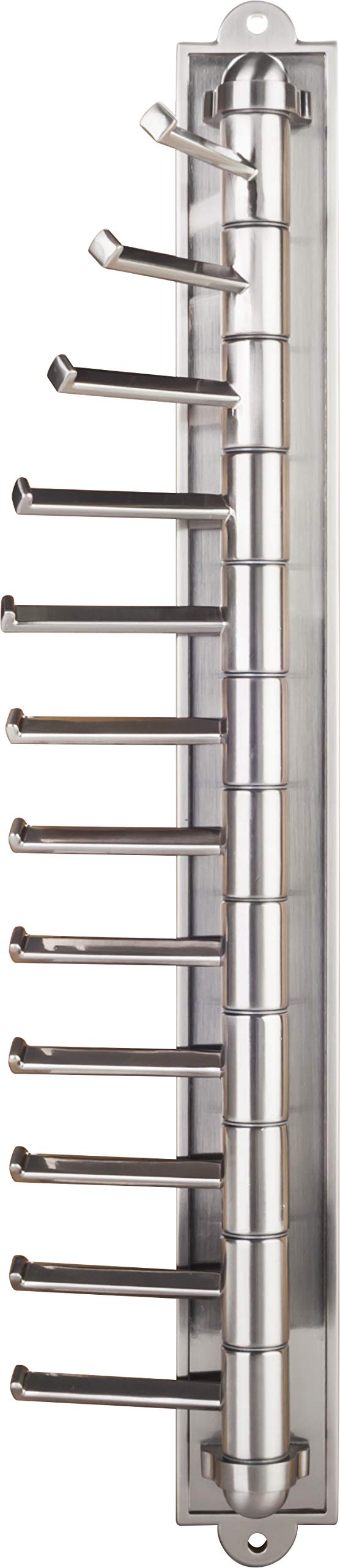 Screw mounted tie/scarf rack. Holds 12 ties/scarfs. Each arm moves independently allowing for easy access to ties/scarfs. Finish: Satin Nickel