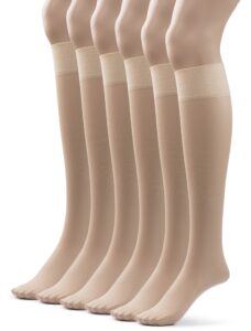 silky toes sheer knee high stockings for women, 6 pairs nylon trouser socks, nude, one size