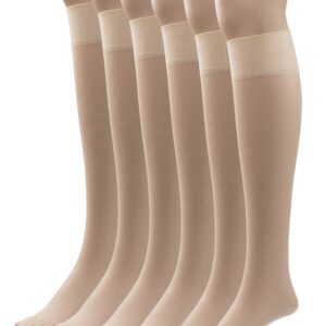 Silky Toes Sheer Knee High Stockings for Women, 6 Pairs Nylon Trouser Socks, Nude, One Size