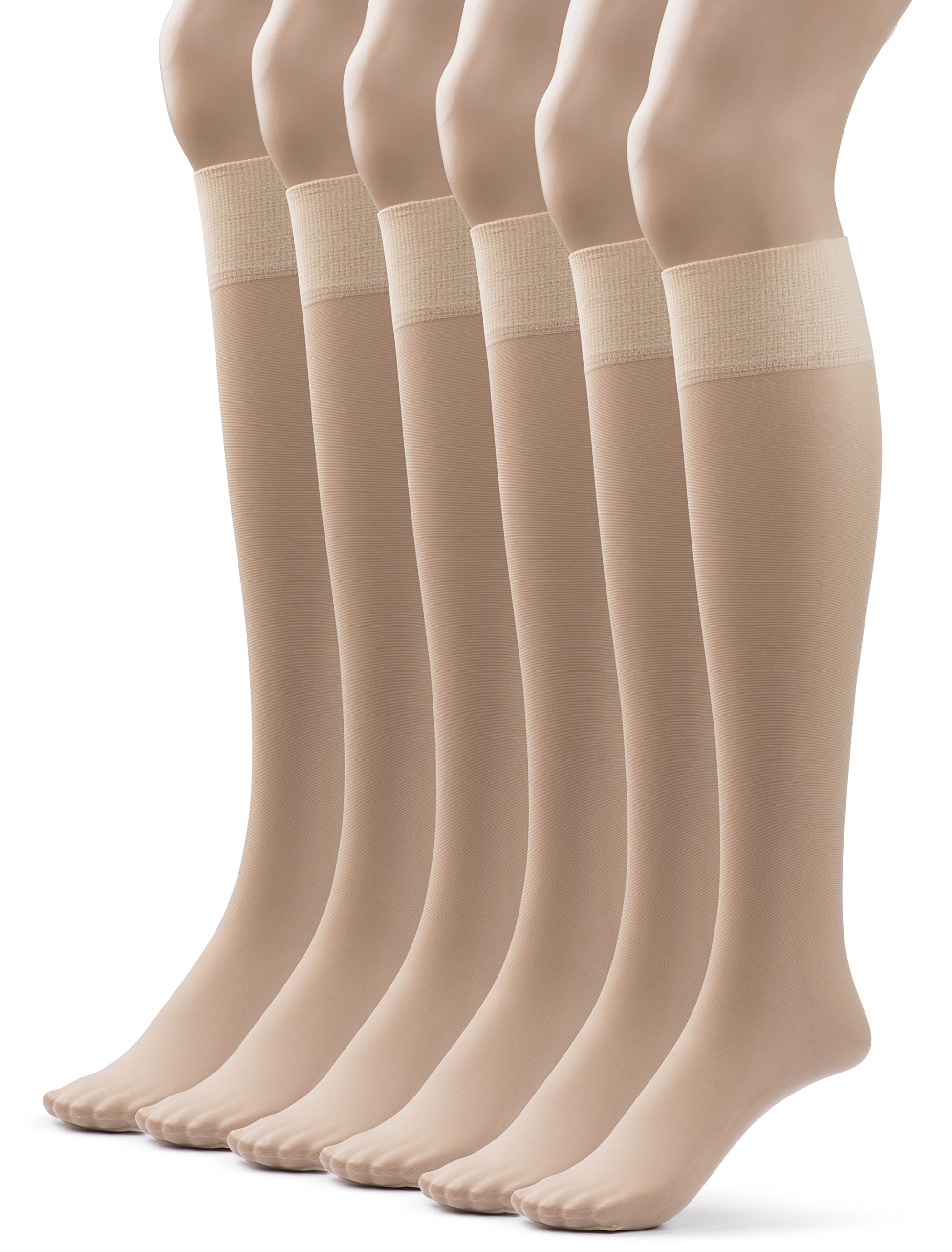 Silky Toes Sheer Knee High Stockings for Women, 6 Pairs Nylon Trouser Socks, Nude, One Size