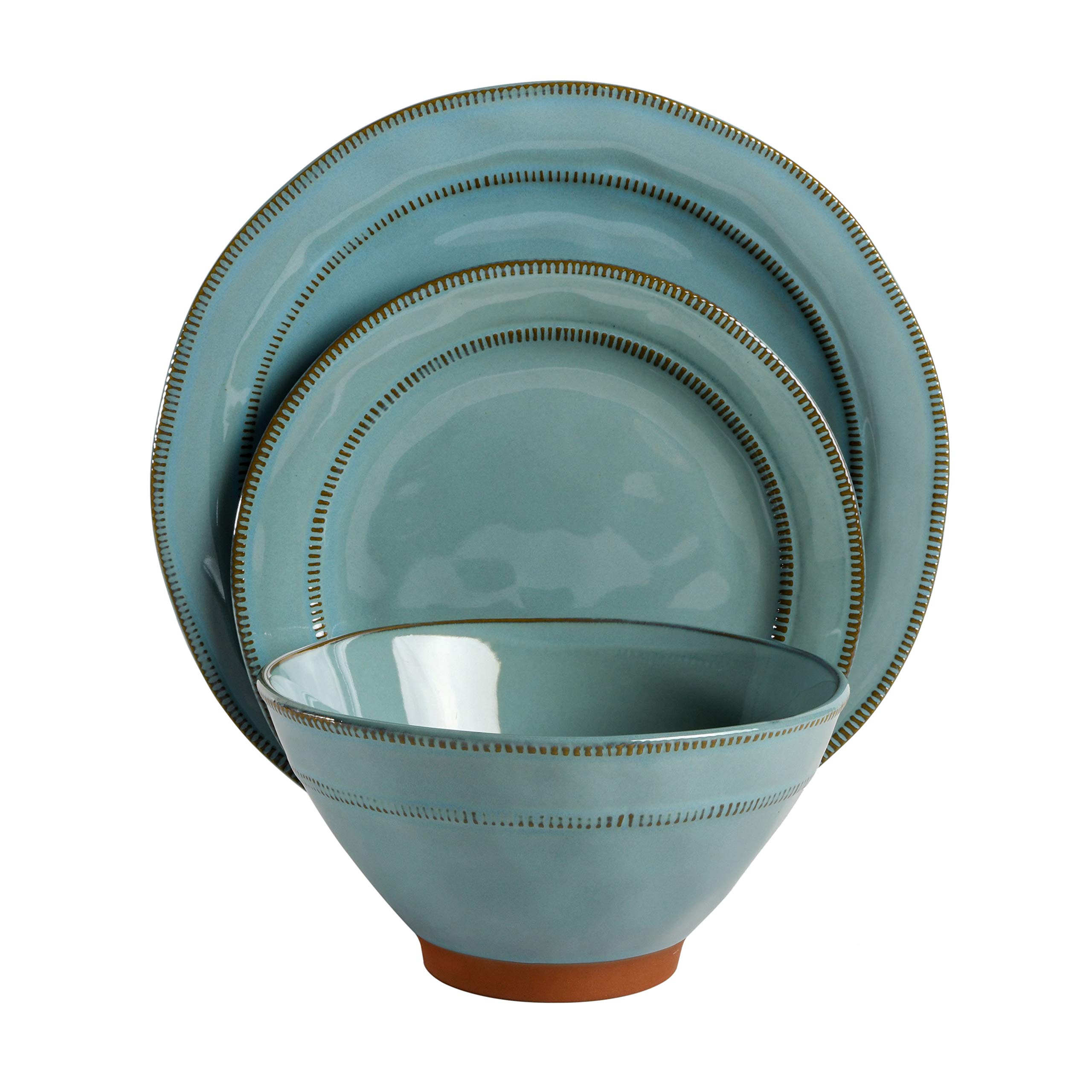 Gibson Elite Terranea Round Reactive Glaze Terra Cotta Dinnerware Set, Service for Four (12pcs), Teal