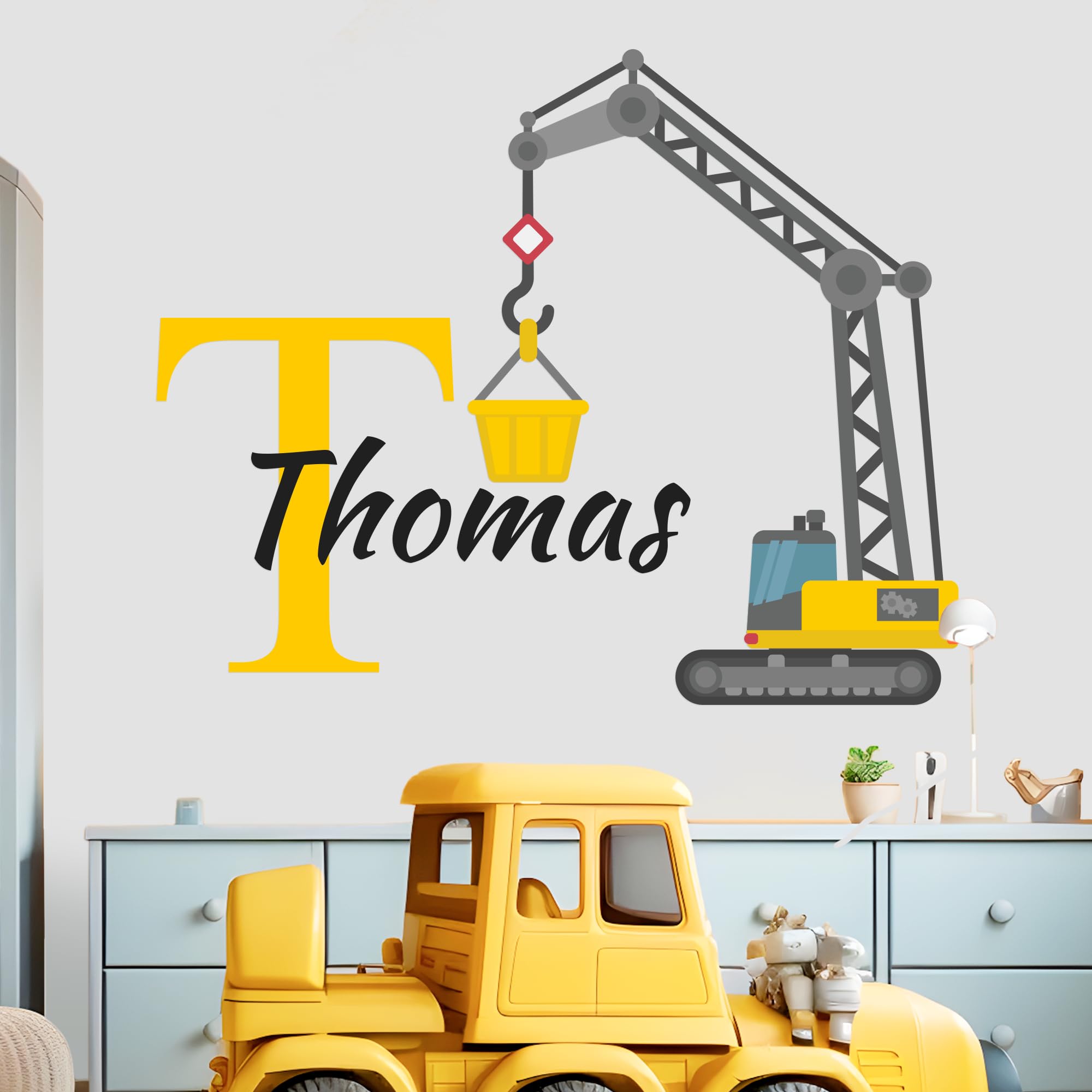 Custom Toddler Construction Crane Wall Decal I Personalized Name & Initial I Nursery Wall Decal for Toddler Room Decorations I Wall Sticker for Bedroom Wide 42"x35" Height (Shown) (Large)