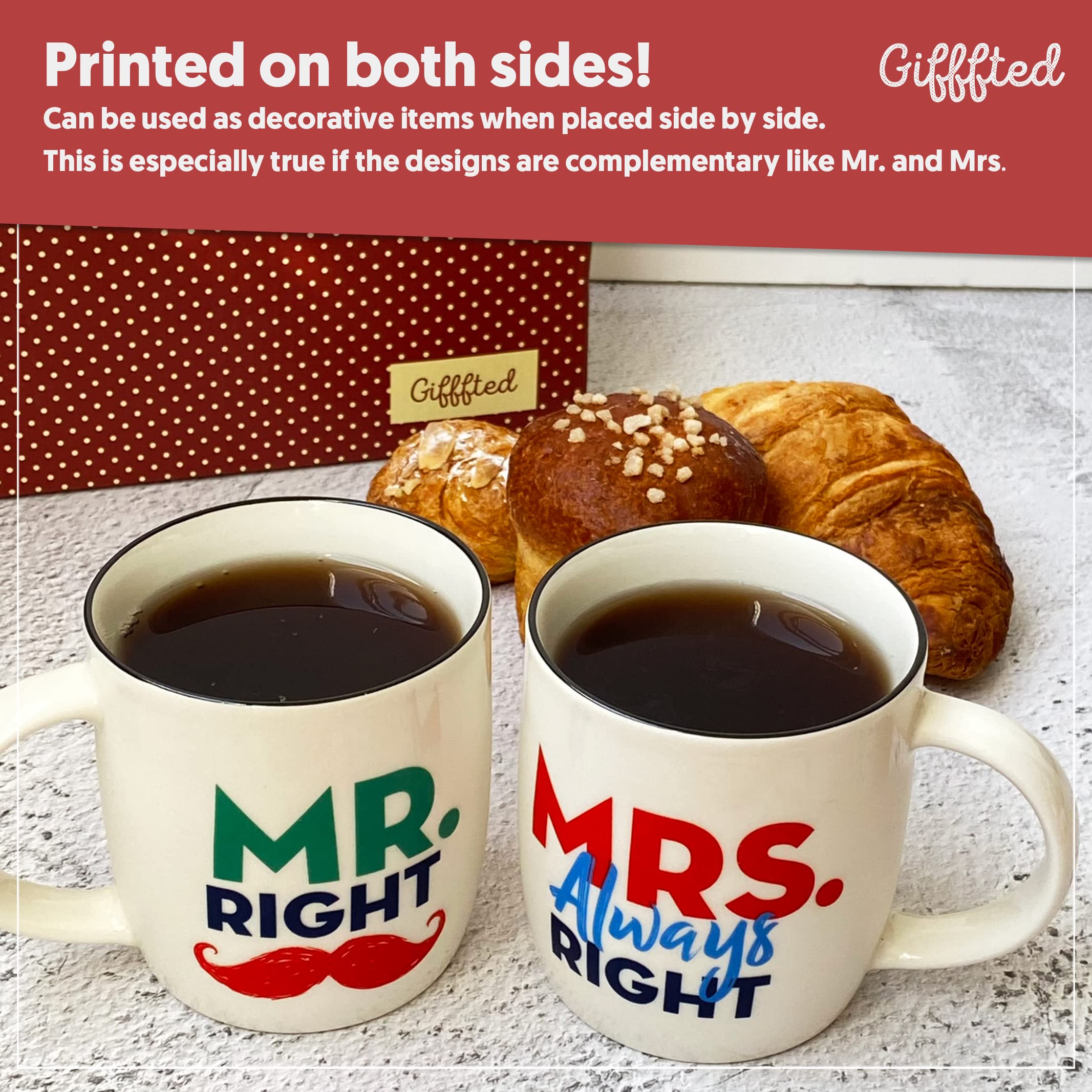 Triple Gifffted Mr Right Mrs Always Right Coffee Mugs Gifts Ideas for Couples, Wedding Anniversary, Engagement, Christmas, His & Hers, Bride and Groom, Parents, Newlyweds Bridal Shower, Ceramic 380ml