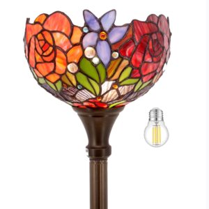 werfactory tiffany floor lamp red rose flower stained glass light 10x10x66 inches pole torchiere standing corner torch uplight decor bedroom living room home office s001 series