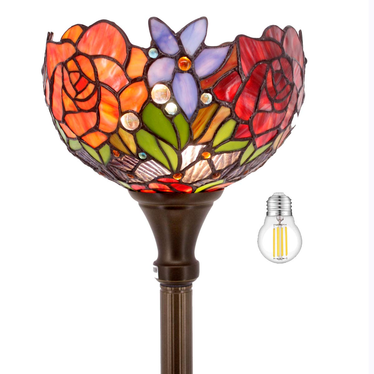 WERFACTORY Tiffany Floor Lamp Red Rose Flower Stained Glass Light 10X10X66 Inches Pole Torchiere Standing Corner Torch Uplight Decor Bedroom Living Room Home Office S001 Series