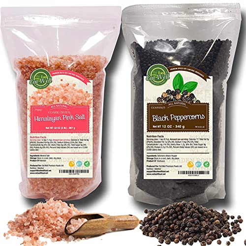 Eat Well Whole Black Peppercorns and Himalayan Pink Salt - Coarse Grains for Grinder Refill, 12 oz Peppercorns and 2 lb Salt