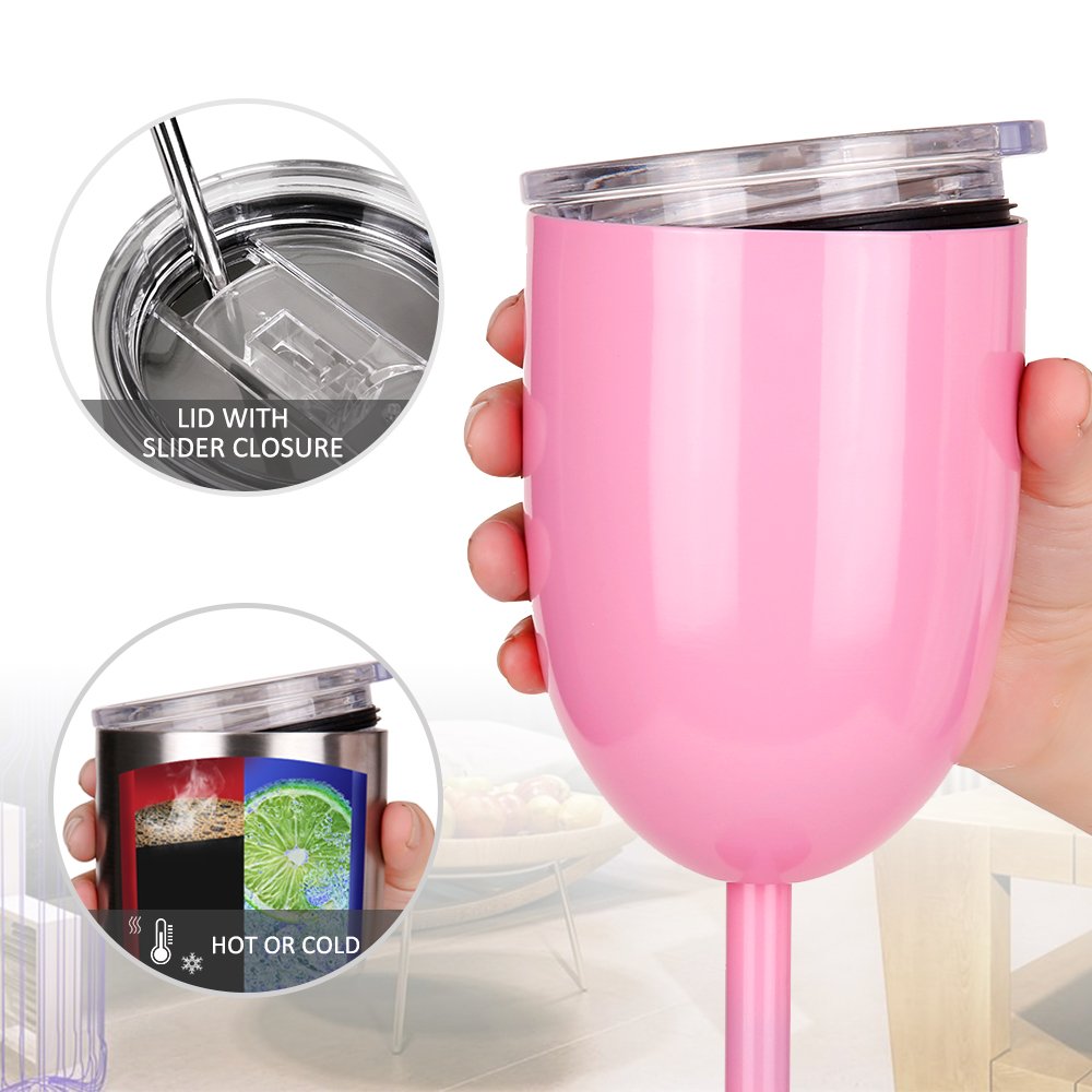 AMZUShome Stainless Steel Wine Glasses Cups.Double Walled Vacuum Insulated Wine Tumbler With Lid and Straw.Friendship,Christmas,Birthday Gifts for Women Men Friends Dad Mom(10oz Light Pink)