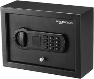 amazon basics small slim desk drawer security safe with programmable electronic keypad, black, 11.8''w x 8.6''d x 4.4''h