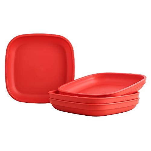 Re-Play Made in USA 7" Toddler Plates, Set of 4-22 Oz. Deep-Walled and Stackable Plastic Plates, Dishwasher and Microwave Safe - 7.37" x 7.37" x 1.25" Kids Plates, Red