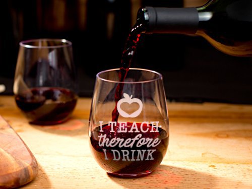 GSM Brands Stemless Wine Glass for Teachers (I Teach Therefore I Drink) Made of Unbreakable Tritan Plastic and Dishwasher Safe - 16 ounces